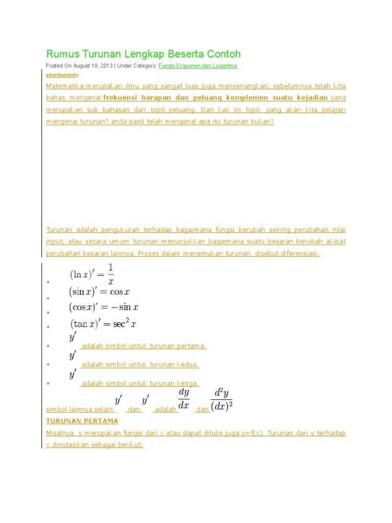Rumus Turunan Lengkap Beserta Contoh | PDF