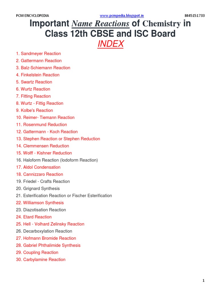All Name Reactions of Chemistry Class 12th Cbse & Isc PDF | PDF ...