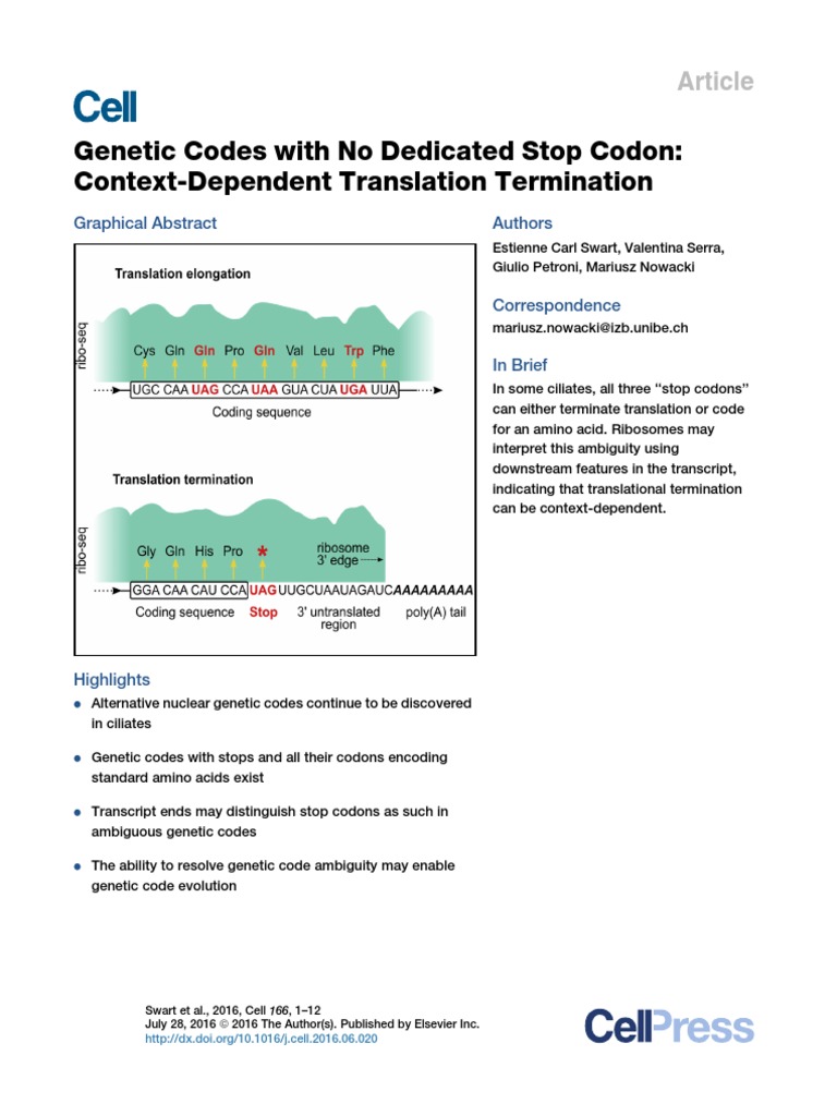 Genetic Codes With No Dedicated Stop Codon Context Dependent Translation Termination | PDF ...