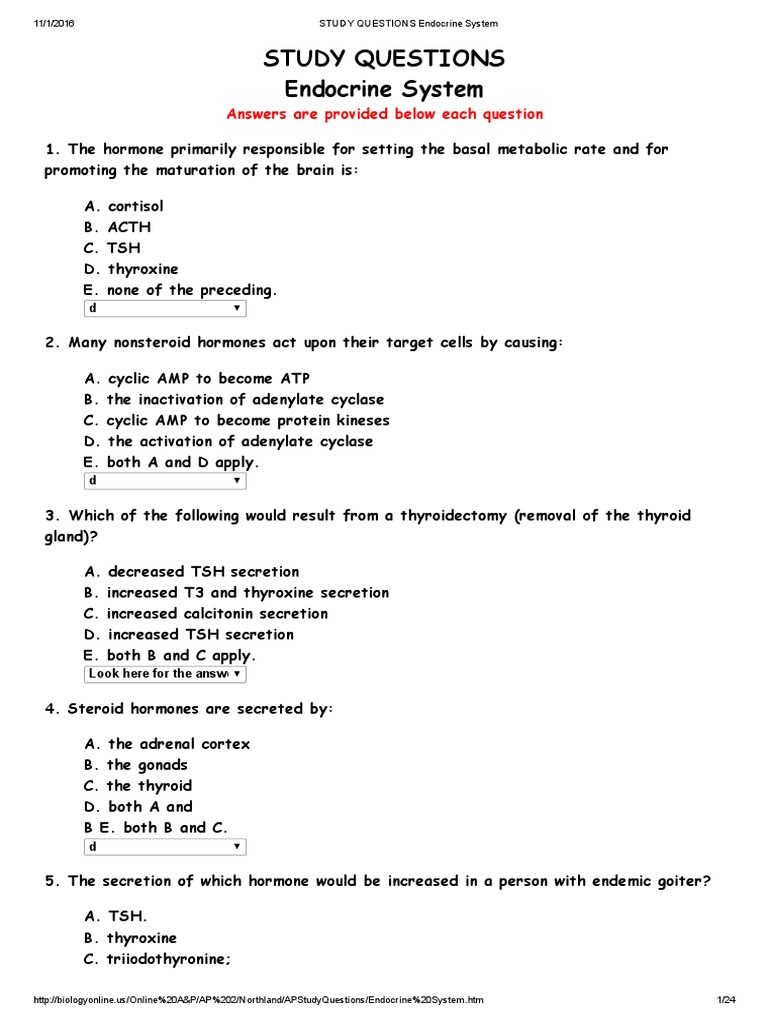 STUDY QUESTIONS Endocrine System 1 - DR P Kumar Biochem-Genetics | PDF ...