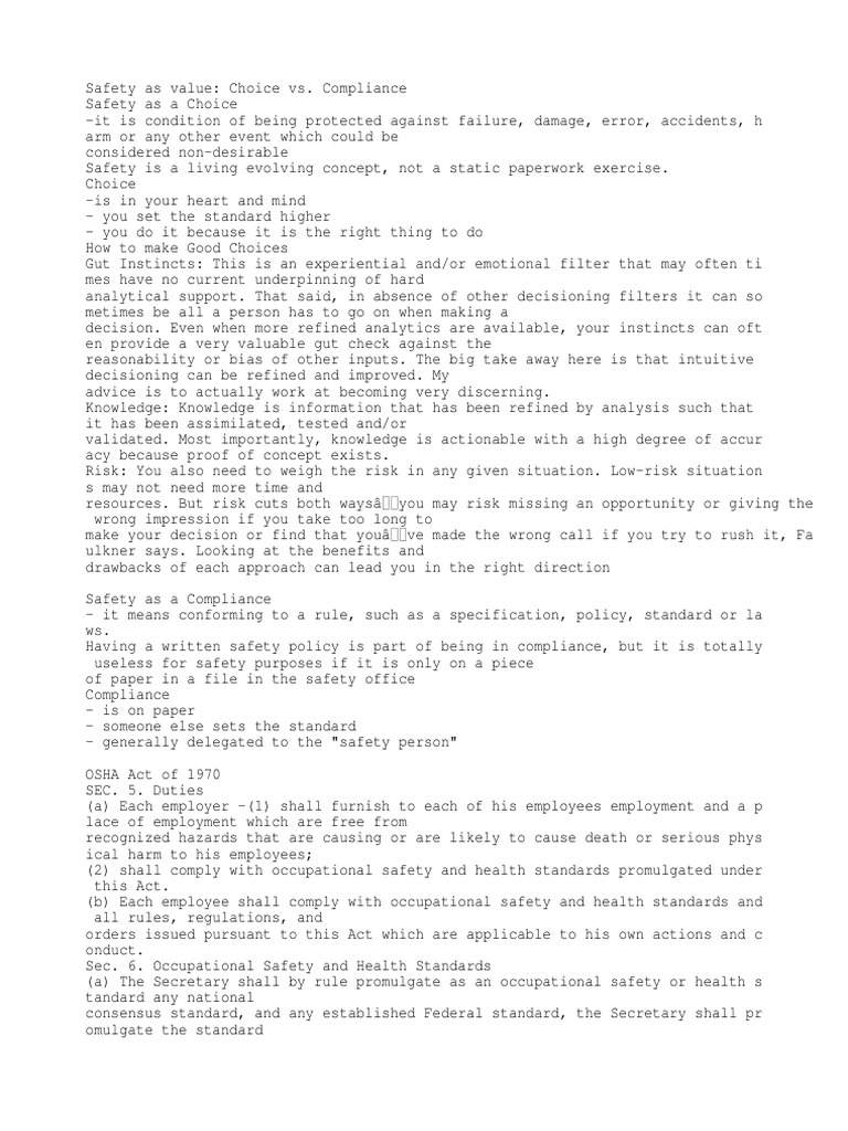 Safety As Value Choice Vs Compliance | PDF | Occupational Safety And ...