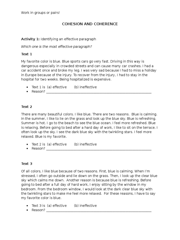Cohesion and Coherence Exercises | PDF | Language Arts & Discipline ...