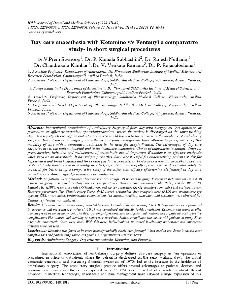 Day Care Anaesthesia With Ketamine V S Fentanyl A Comparative Study in ...