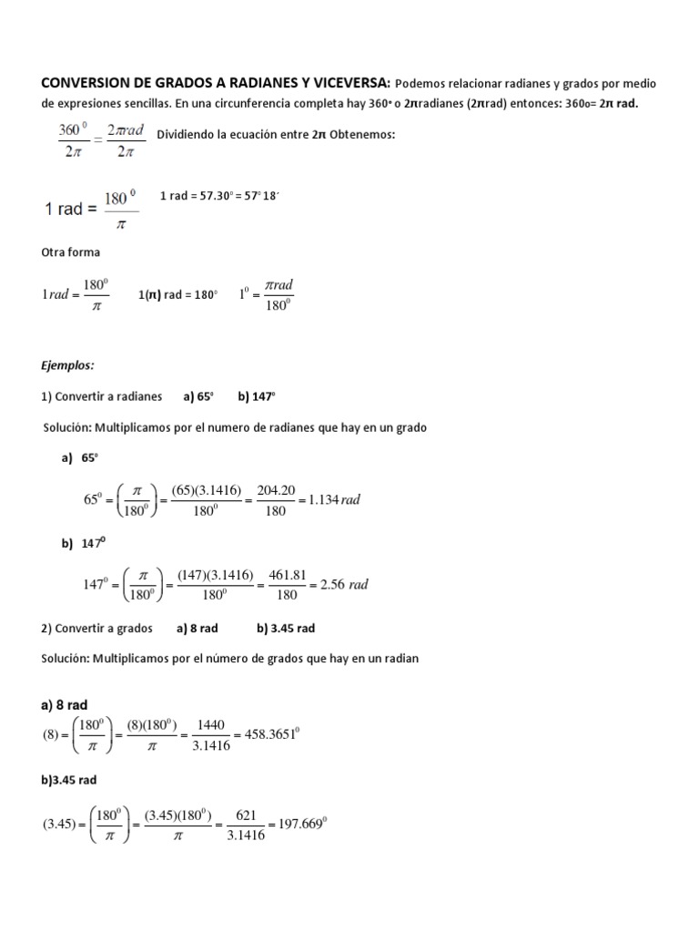 Conversión de Grados a Radianes | PDF