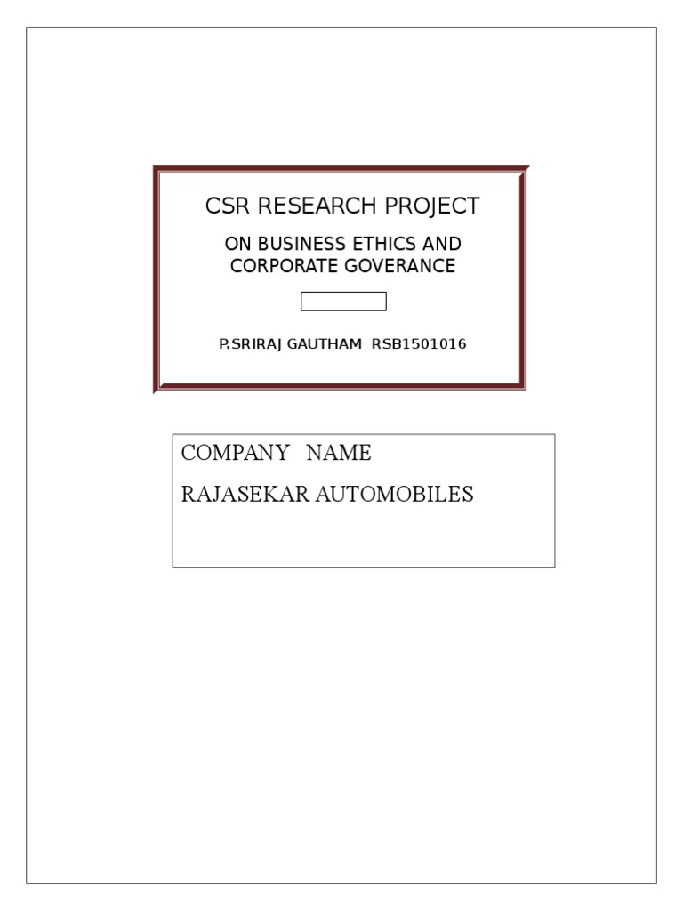 CSR Research Project: On Business Ethics and Corporate Goverance | PDF ...