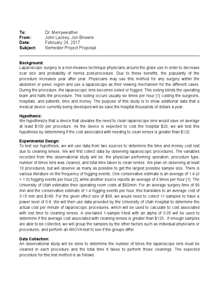 Project Proposal | PDF | Hypothesis | Surgery