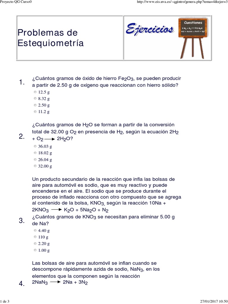 Ejercicios Estequiometria | PDF | Estequiometría | Conjuntos de elementos químicos