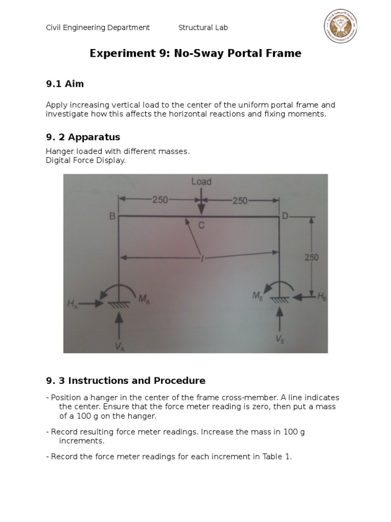 Experiment 9: No-Sway Portal Frame: Civil Engineering Department ...