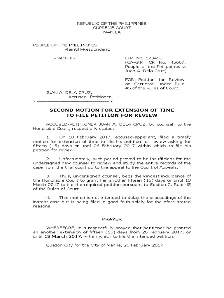 Sample Motion For Extension To File Petition For Review SC | Manila ...