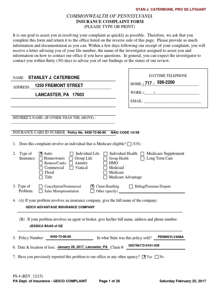 PENNSYLVANIA DEPARTMENT OF INSURANCE COMPLAINT Re STAN J. CATERBONE ...