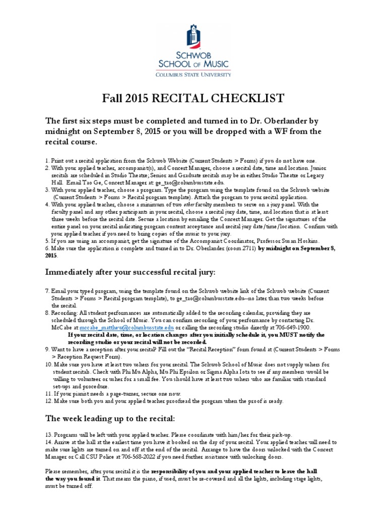 Fall 2015 RECITAL CHECKLIST PDF | PDF | Entertainment (General) | Business
