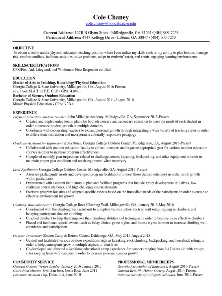 Cole Chaney Resume | PDF | Physical Education | Rock Climbing
