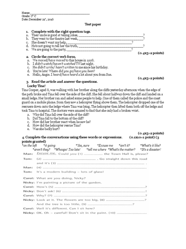 Test Paper 7th Grade | PDF