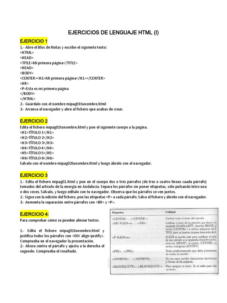 Ejercicios de Lenguaje HTML | Descargar gratis PDF | HTML | Texto