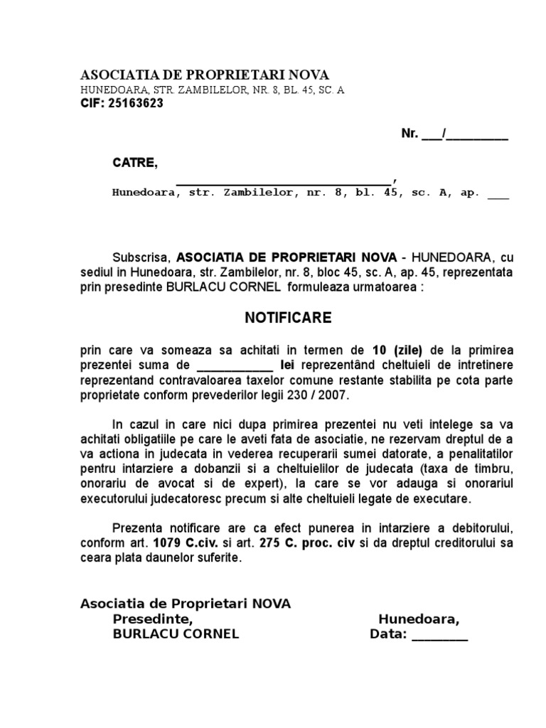 17 4 Notificare AP Plata Cheltuieli de Intretinere MODEL | PDF