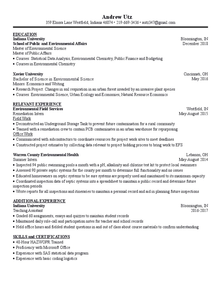 Andrew Utz Resume 2017 | PDF | Septic Tank | Environmental Remediation