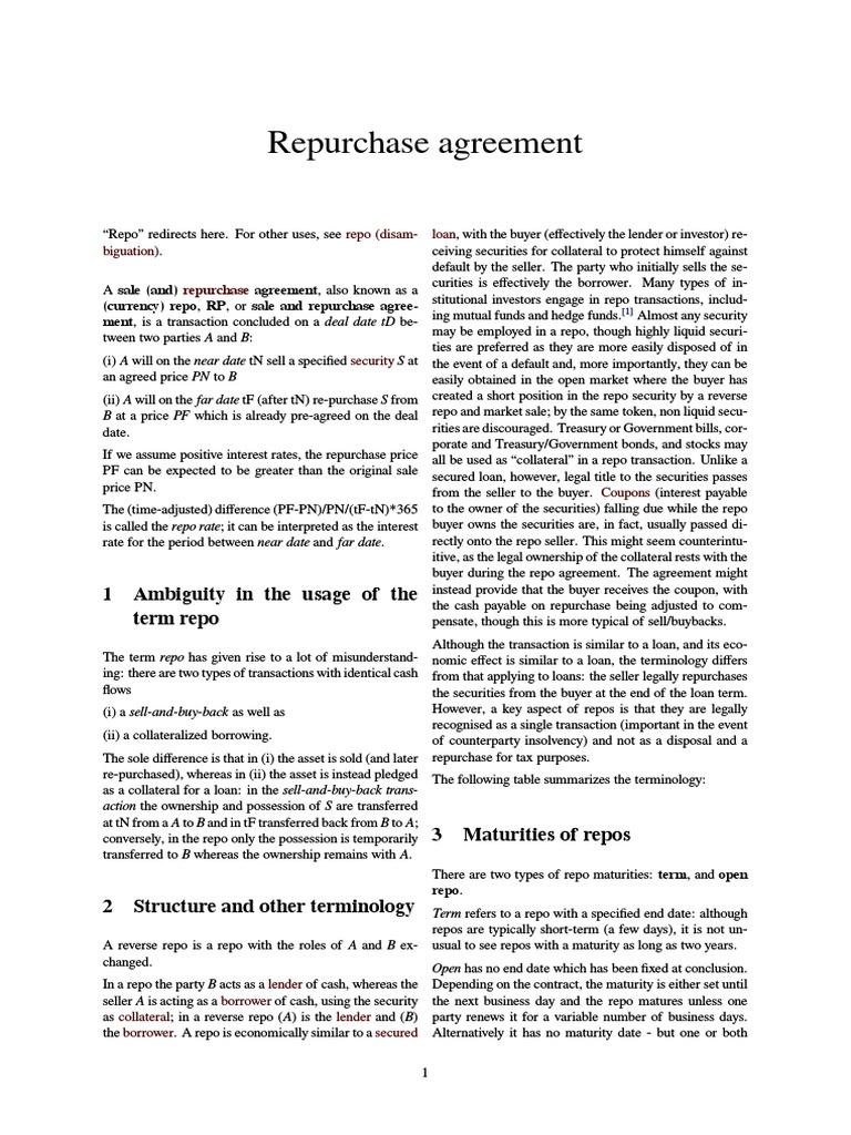 Repurchase Agreement: 1 Ambiguity in The Usage of The Term Repo | PDF ...
