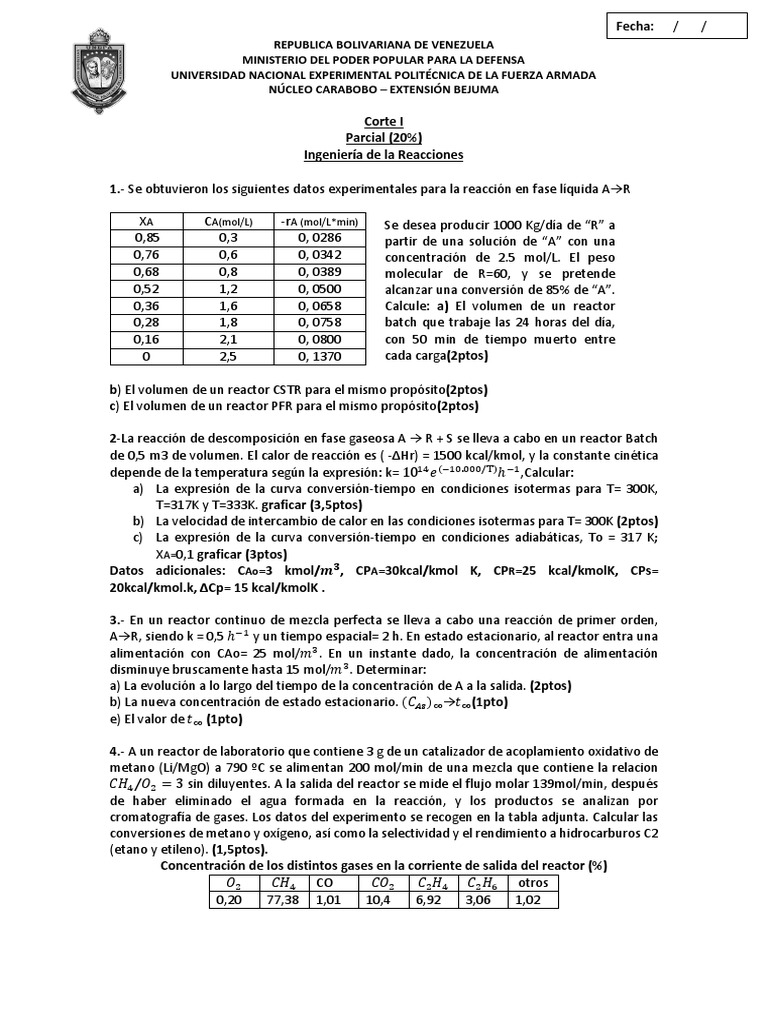 Análisis y cálculos de reacciones químicas en reactores batch, CSTR y PFR | PDF | Física ...