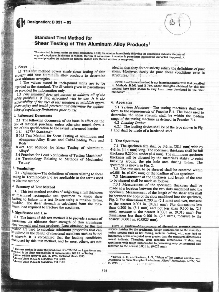 ASTM B831-93 Shear Testing of Thin Aluminium Alloy Products | PDF ...