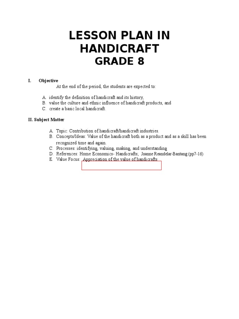 Grade 8 Lesson Plan on Handicraft History and Crafting | PDF
