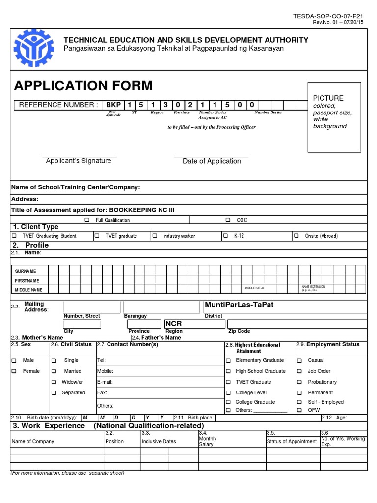 Application Form for Competency Assessment | Labour | Further Education