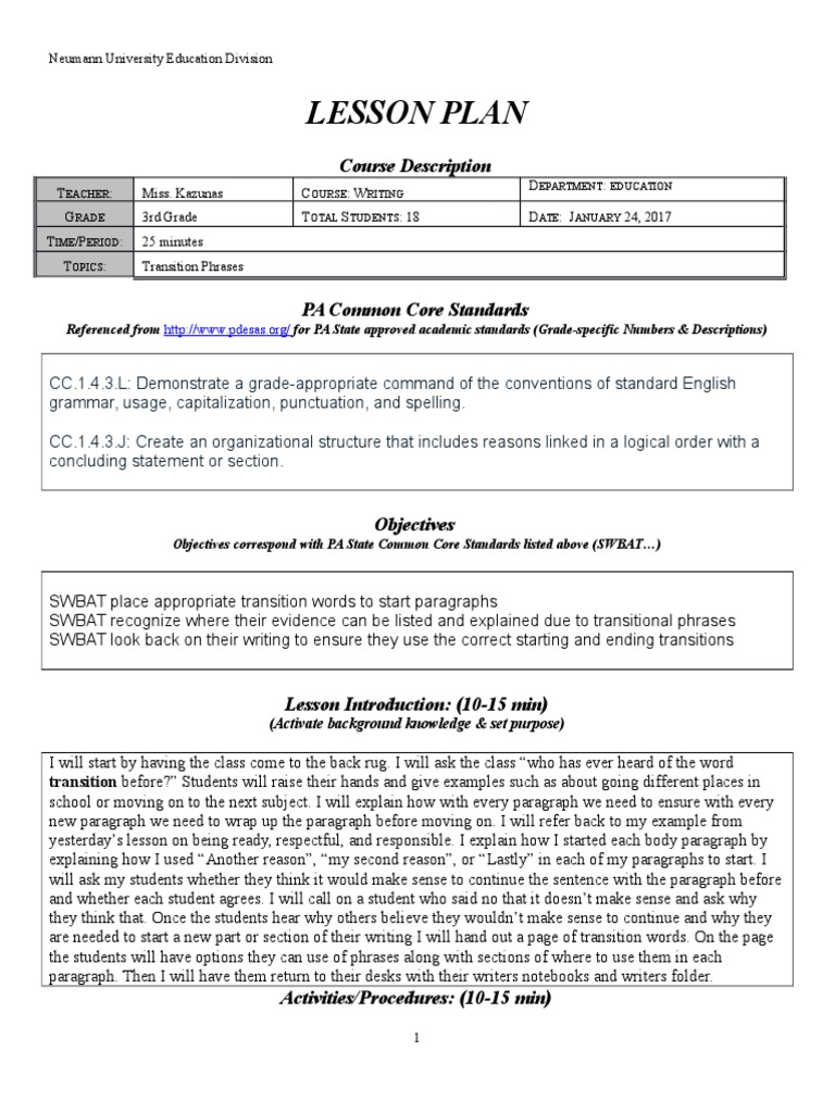 3rd Grade Writing Lesson on Transitions | PDF | Paragraph | Educational ...