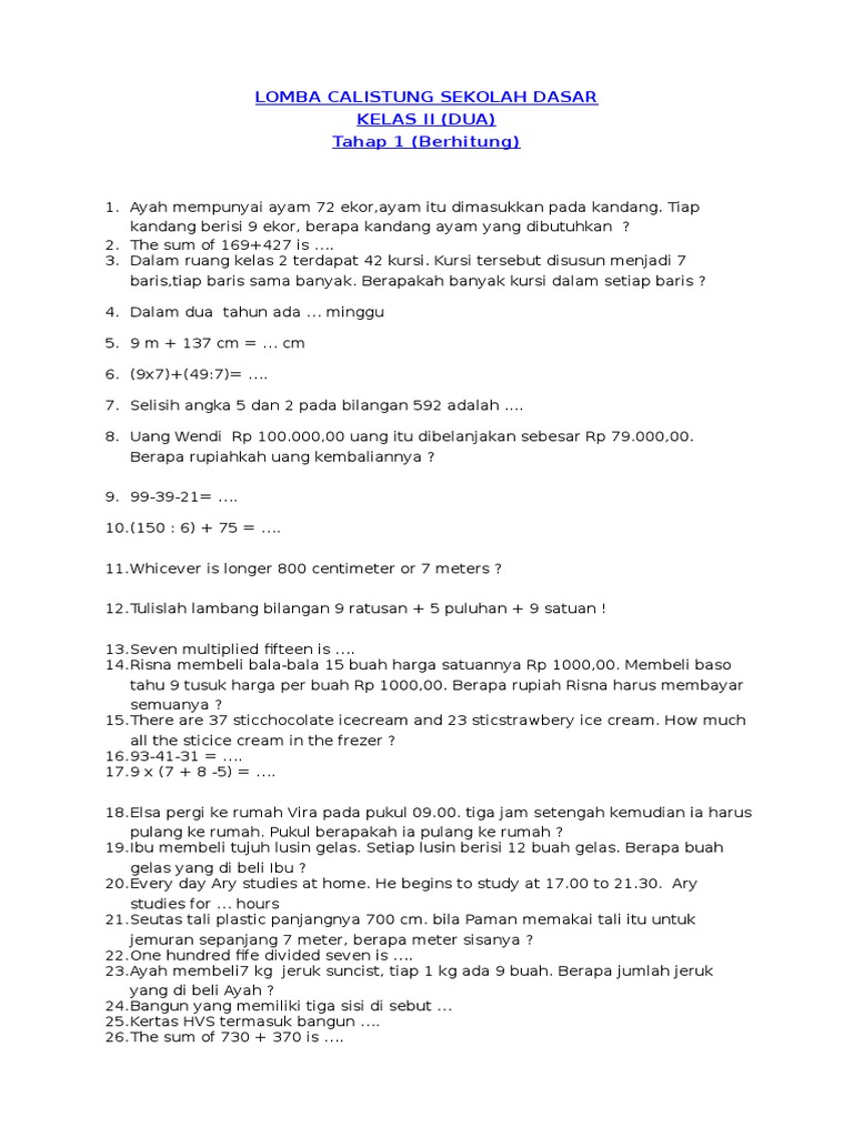 Soal Calistung Kelas 2 Tahap 1 | PDF