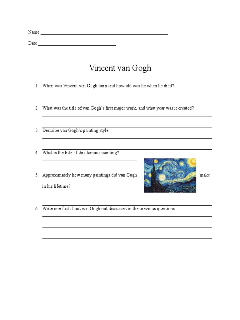 Vincent van Gogh Worksheet | PDF