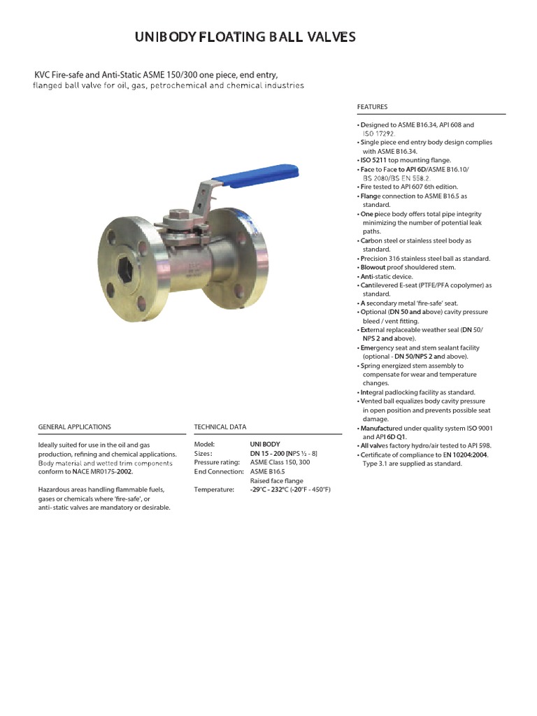 Unib Ody Floating B All Valves: KVC Fire-Safe and Anti-Static ASME 150/ ...