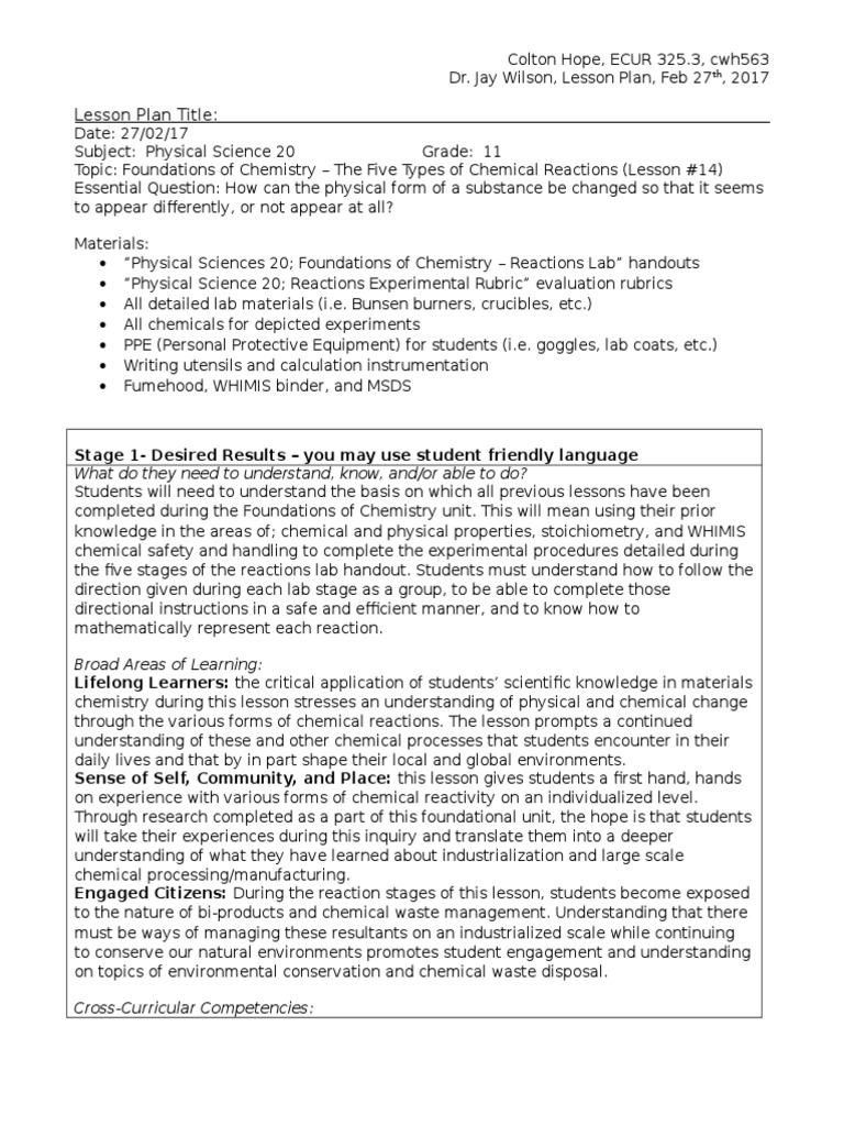 Chemical Reactions Lesson Plan for PS20 | PDF | Stoichiometry ...