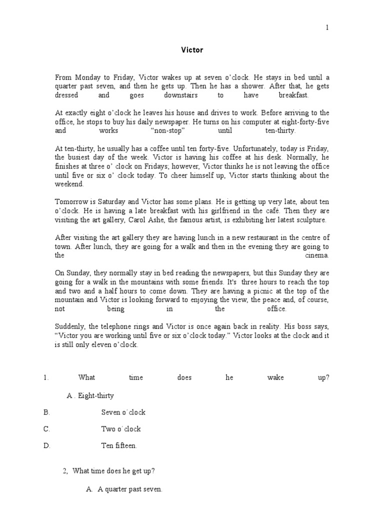 Victor Reading Comprehension Present Simple | PDF | Workweek And Weekend