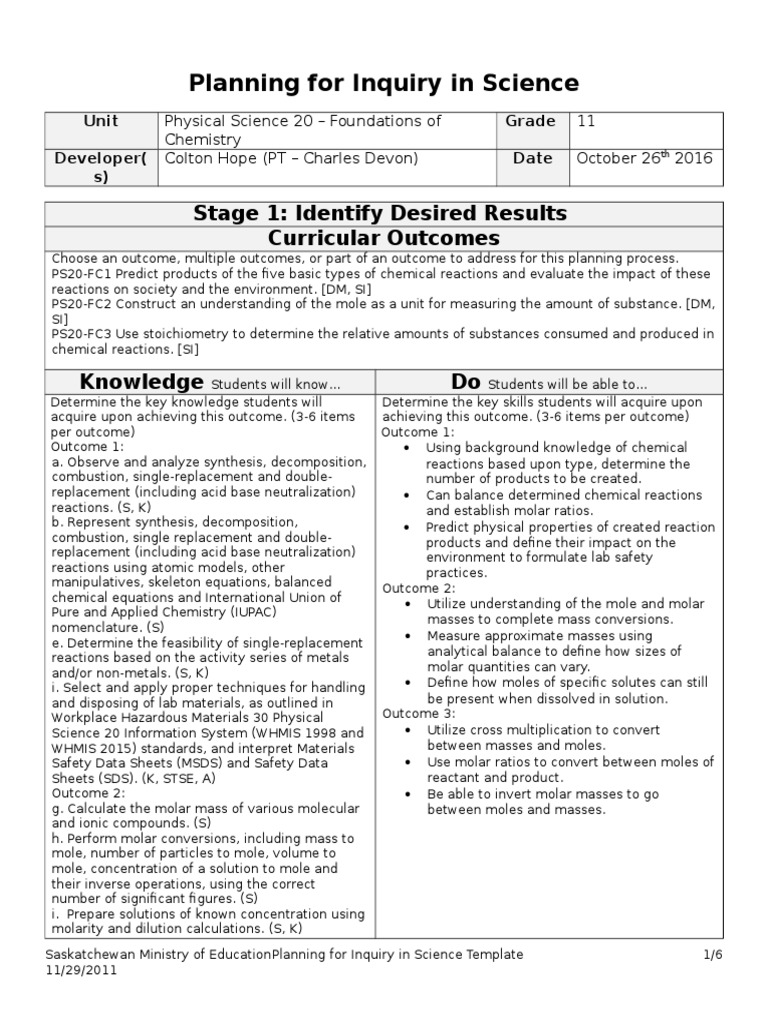 Physical Science 20 - Lesson Plan Old | PDF | Mole (Unit) | Stoichiometry
