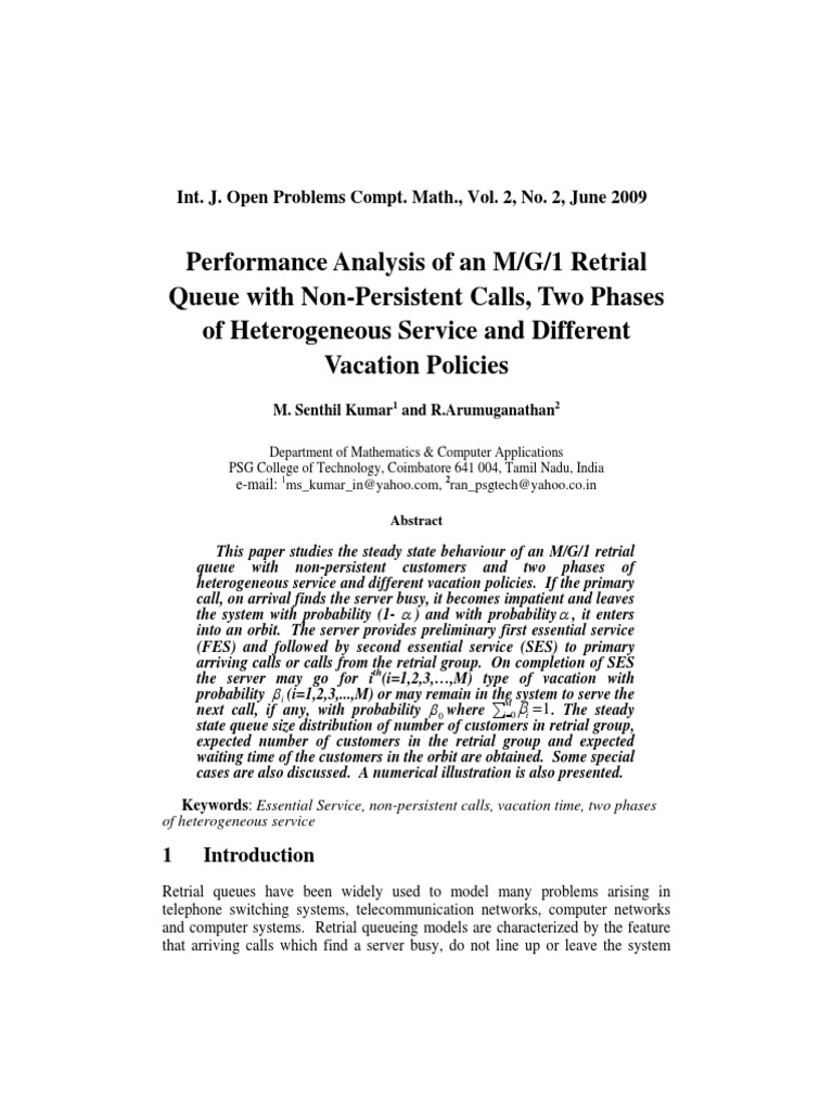 Performance Analysis of An MG1 Retrial Queue With Non-Persistent Calls, Two Phases of ...