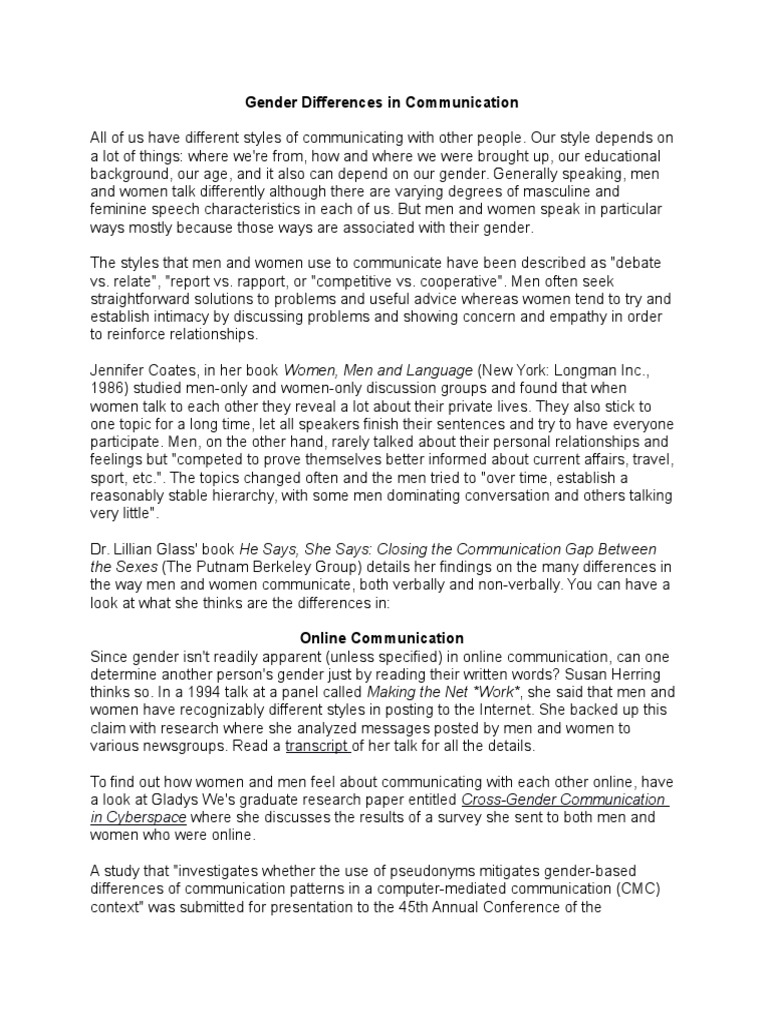 Gender Differences In Communication Pdf Computer Mediated Communication Gender