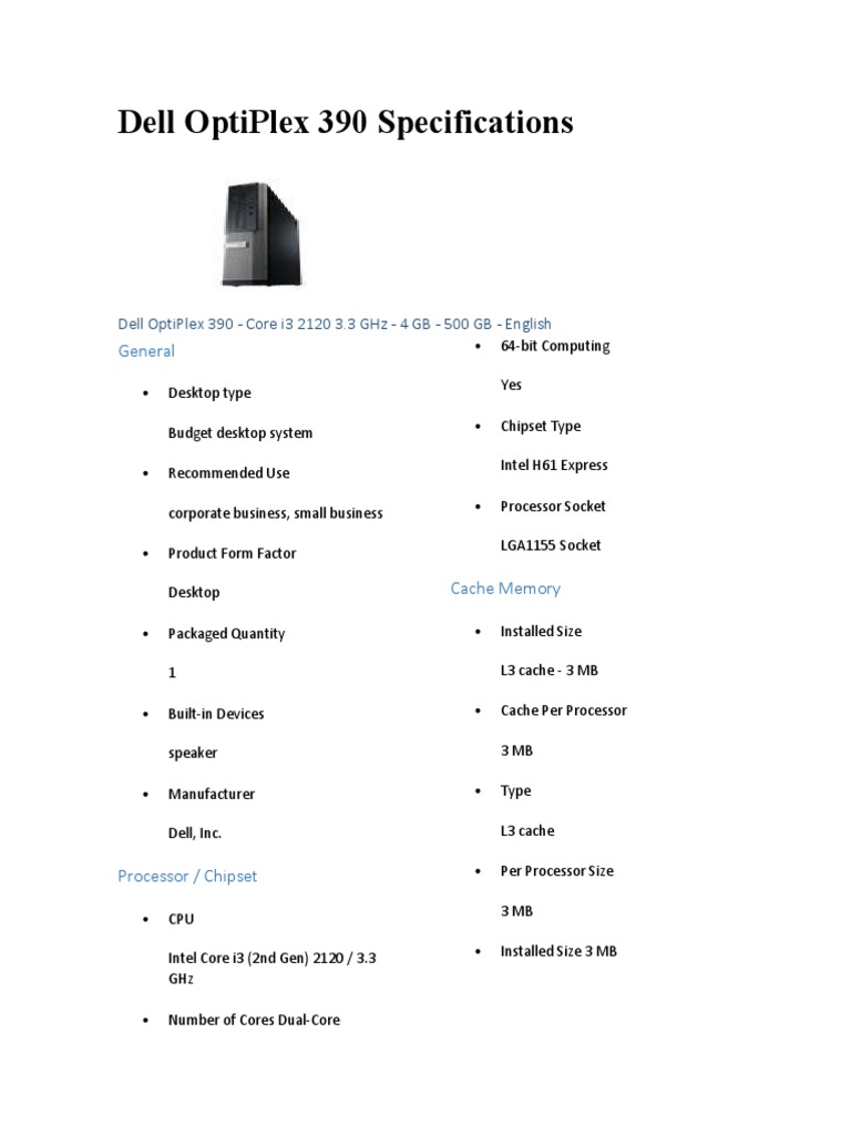 Dell OptiPlex 390 Specs Overview | PDF | Personal Computers | Hard Disk ...
