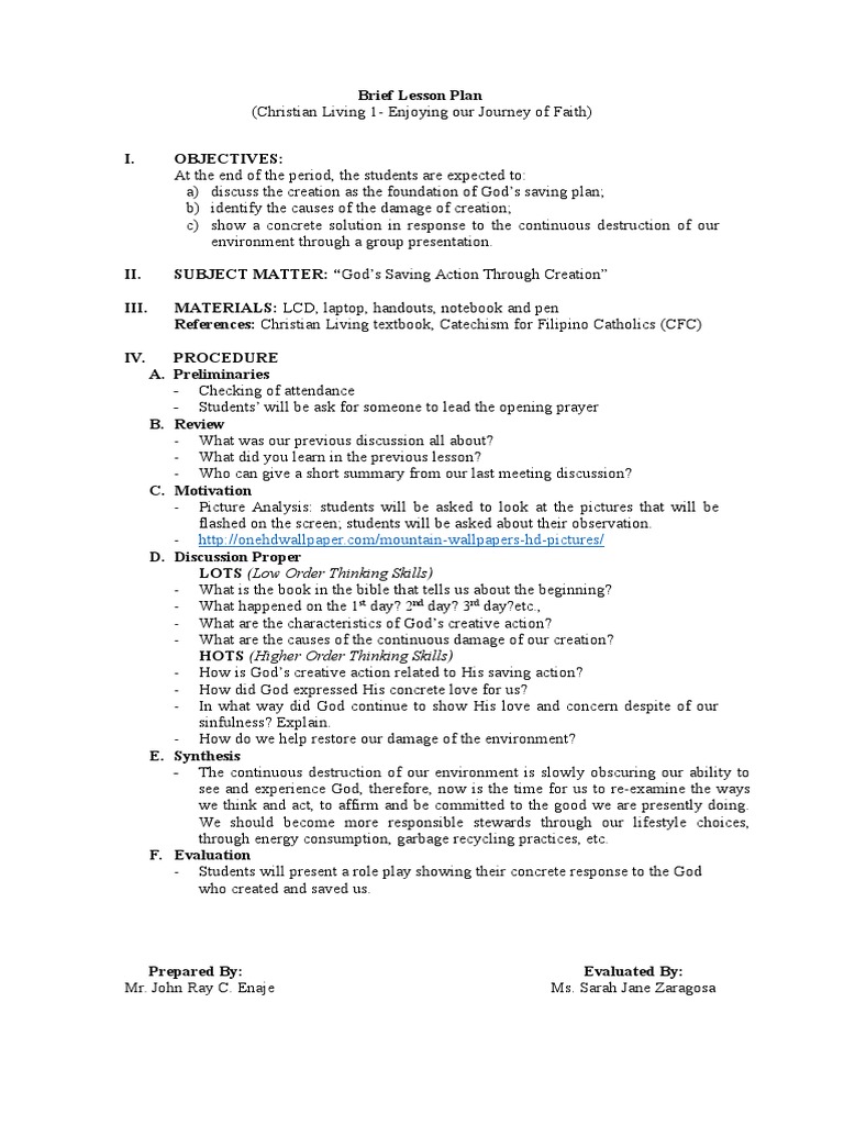 Christian Living Lesson Plans Overview | PDF | Eucharist | Mass (Liturgy)