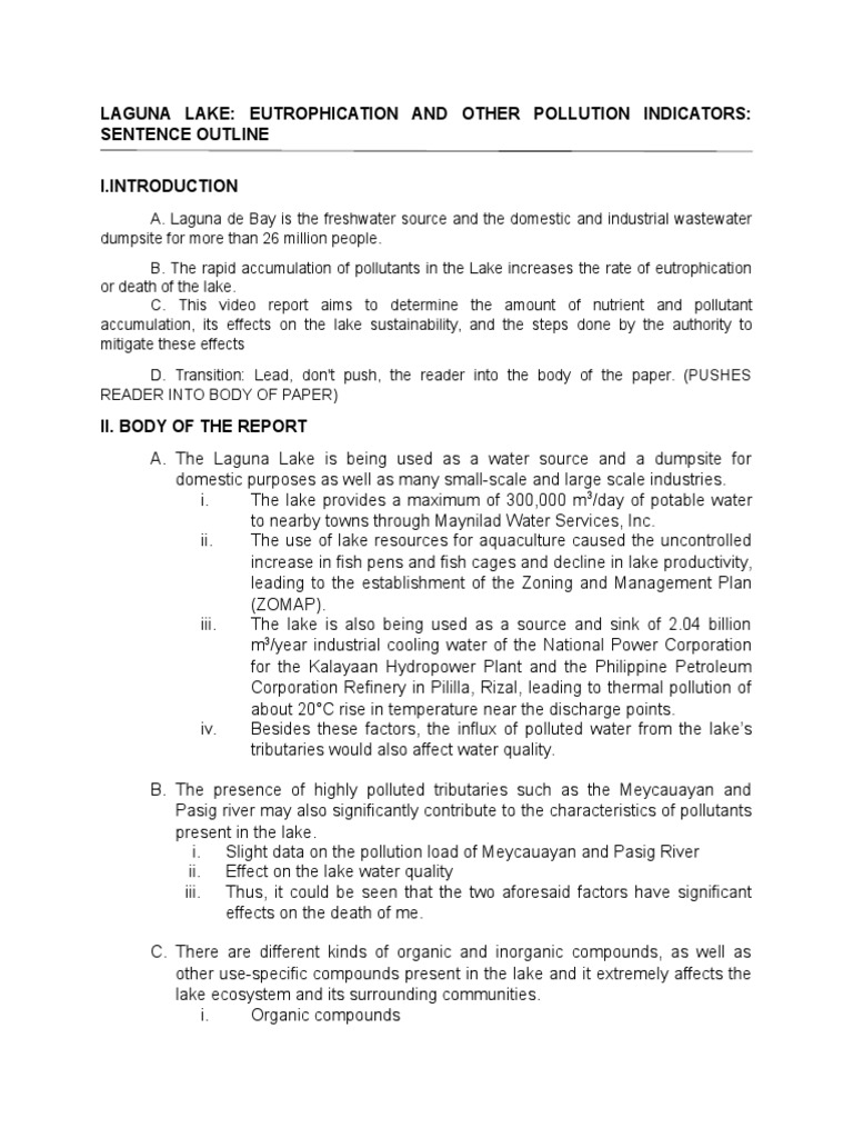ChE 180 Sentence Outline | PDF | Lake | Eutrophication