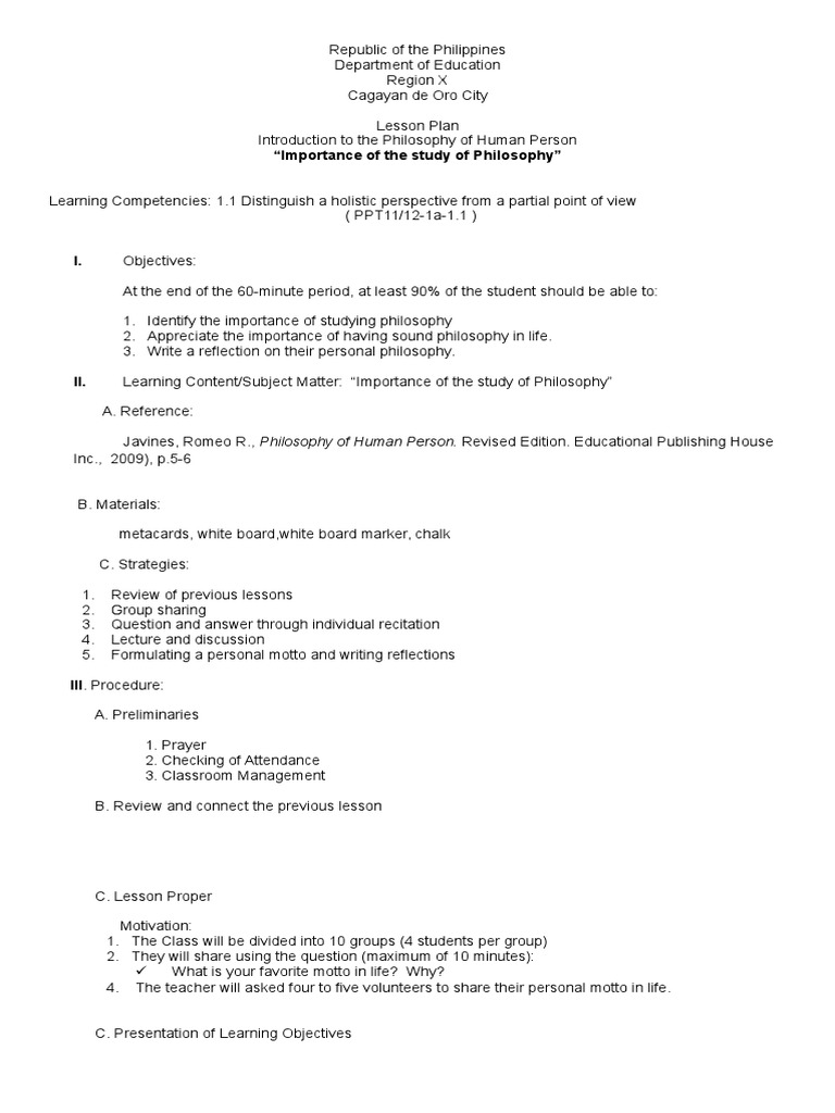 Lesson Plan in Philosophy | Lesson Plan | Cognition | Free 30-day Trial ...