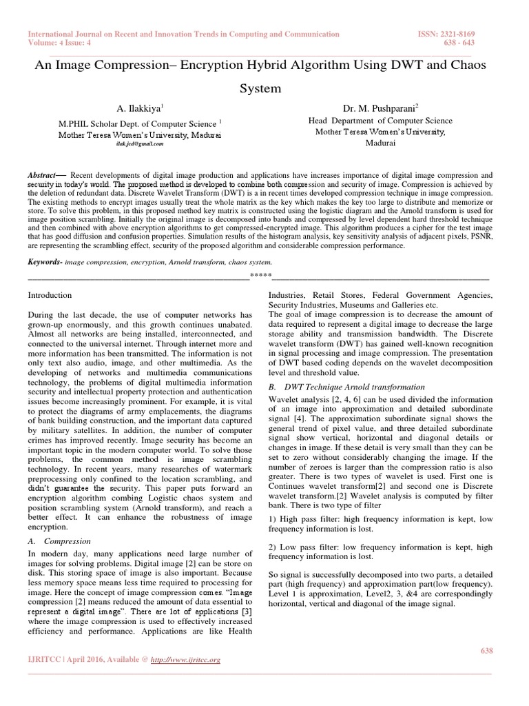 An Image Compression - Encryption Hybrid Algorithm Using DWT and Chaos System | PDF | Data ...