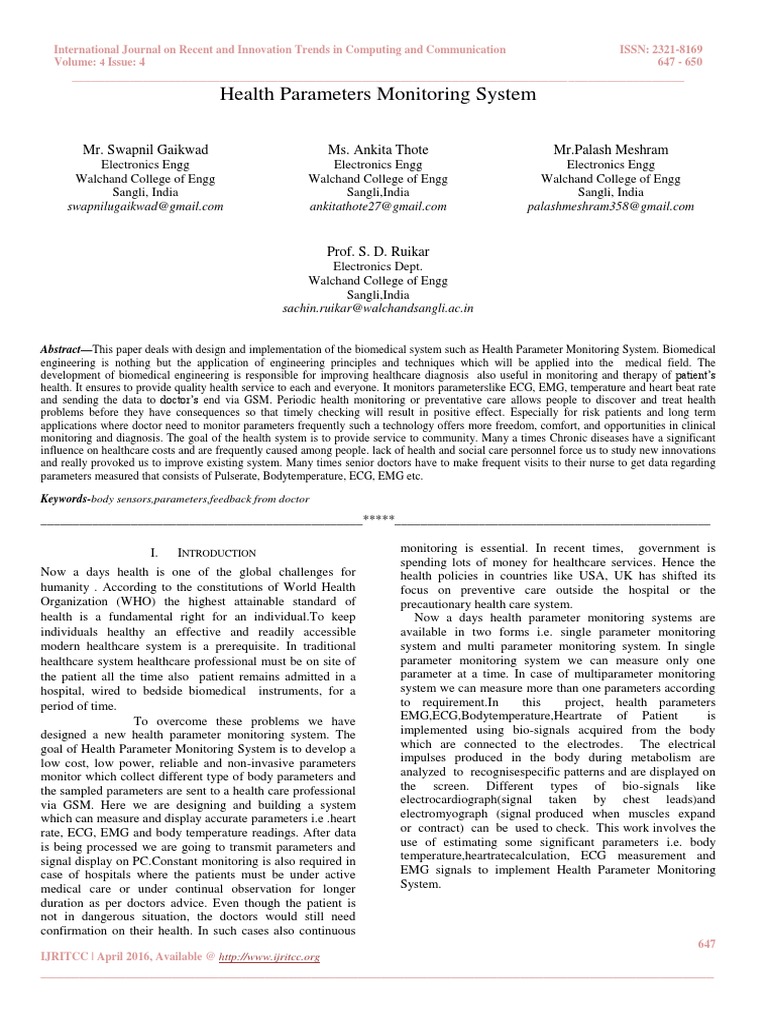 Health Parameters Monitoring System | Monitoring (Medicine ...