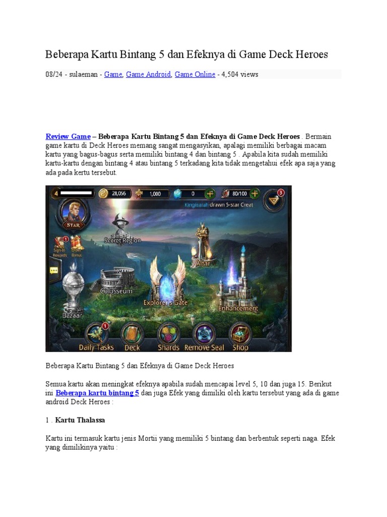 Beberapa Kartu Bintang 5 Dan Efeknya Di Game Deck Heroes | PDF
