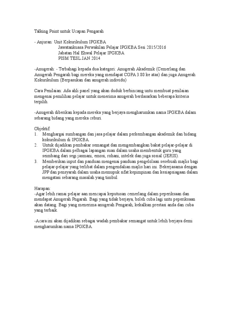 Talking Point Untuk Ucapan Pengarah | PDF