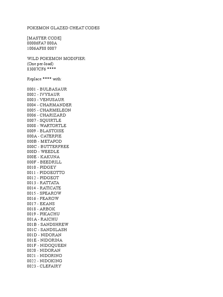 Pokemon Glazed Cheat Codes | PDF | Artificial Mythology | Pokémon