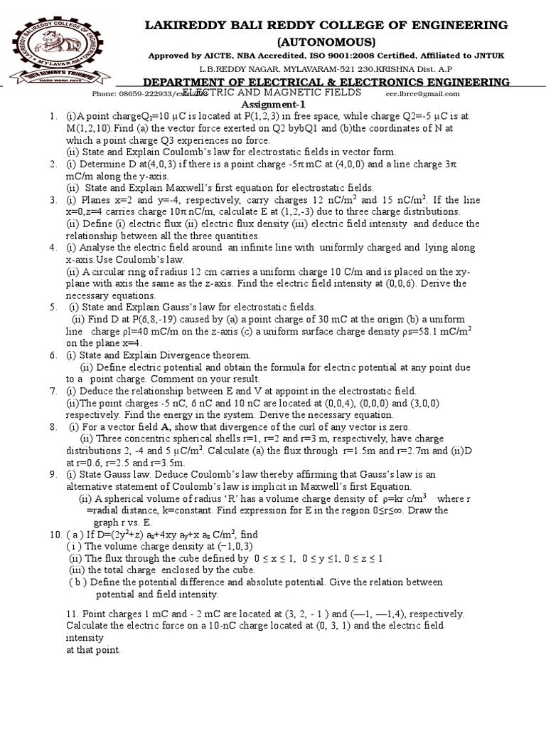 Assignment New I | PDF | Electric Field | Physics