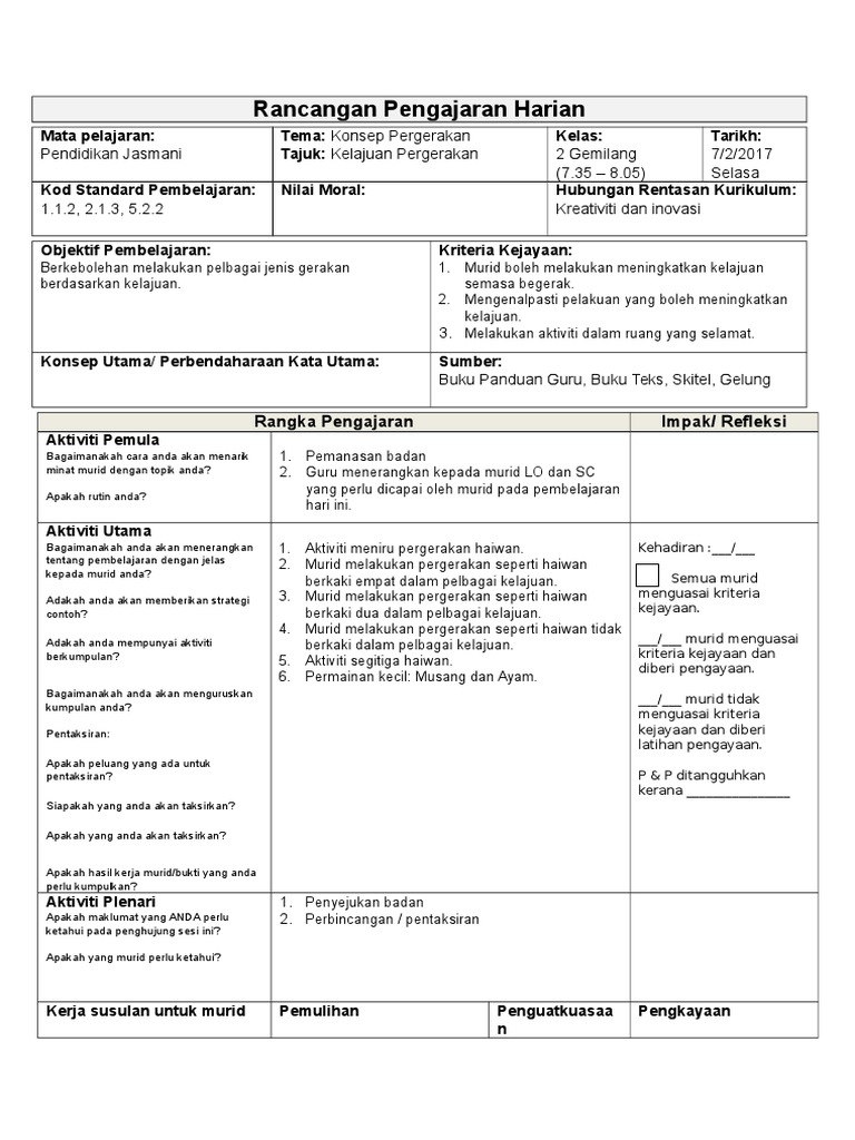 RPH PJ Tahun 2 - 2.0 Kelajuan Pergerakan | PDF
