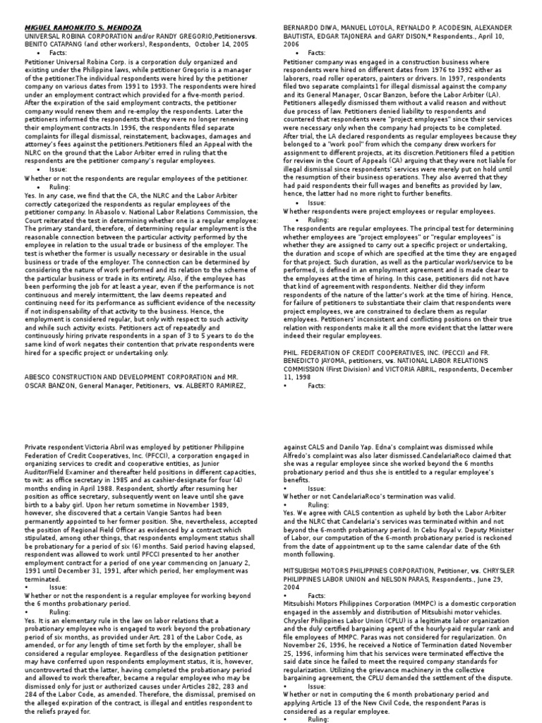 Chapter 3 Case Digest Compiled | PDF | Employment | Apprenticeship