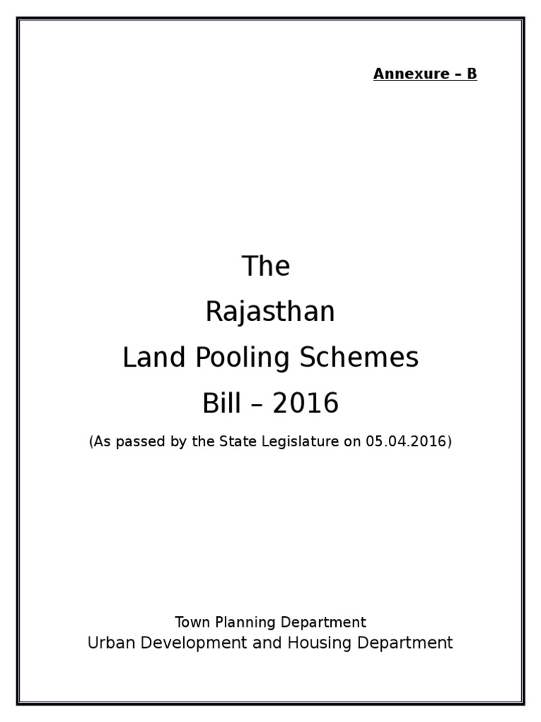 The Rajasthan Land Pooling Schemes Bill - 2016: Urban Development and Housing Department | PDF