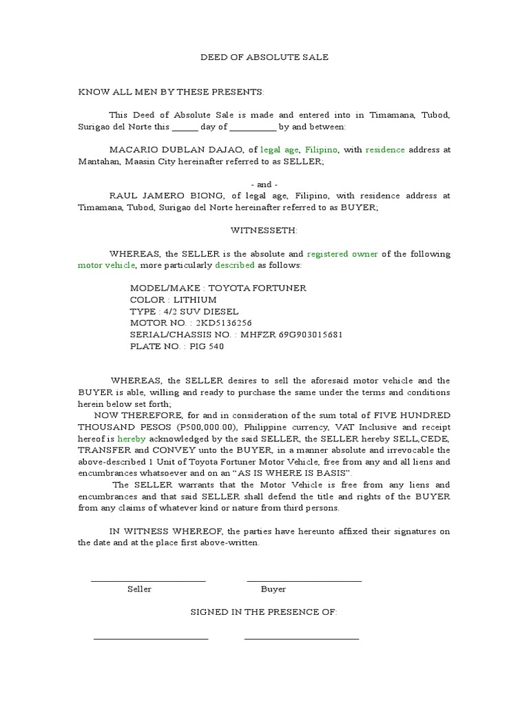 Deed of Absolute Sale | Deed | Civil Law (Common Law)