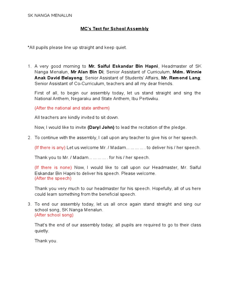 MC's Speech For School Assembly | PDF