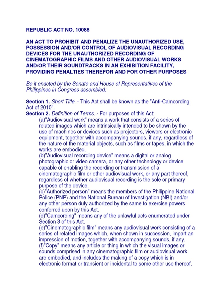 Anti Camcording Act RA 10088 | PDF | Search Warrant | Copyright